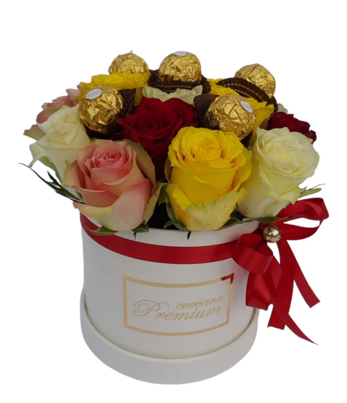 ŠARENE RUŽE I FERRERO U KUTIJI